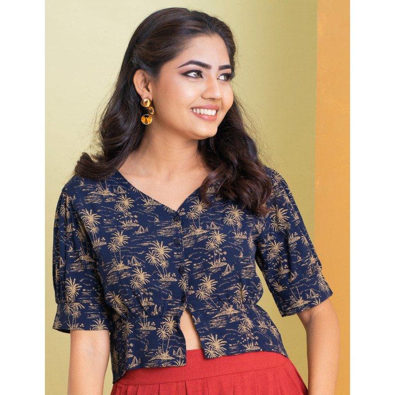 Front Open Puff Sleeve Top - Rich Look