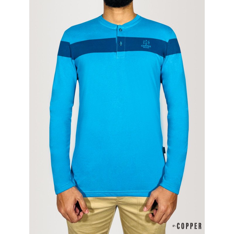 Men's Long Sleeved Neon Blue Henley - 836 - Zoop