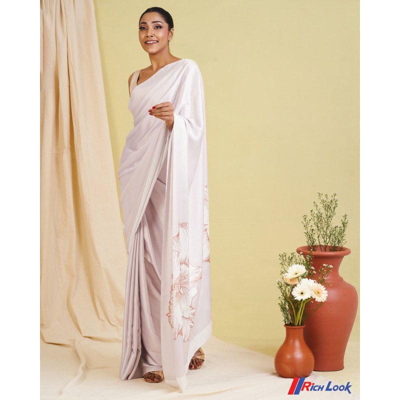 Plain Satin Saree in White - Rich Look