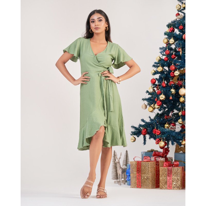 Ruffle Trim Wrap Knot Side Dress - Rich Look