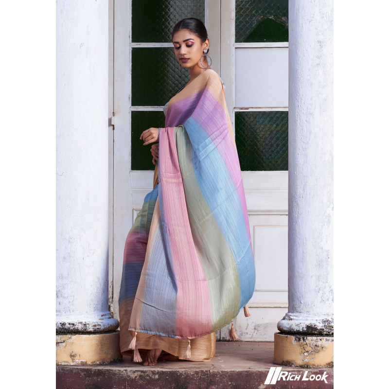 Multicolor Block Print Georgette Saree - Rich Look
