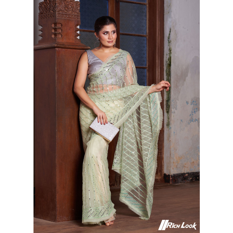 Sequin Embroidered Heavy Net Saree - Rich Look